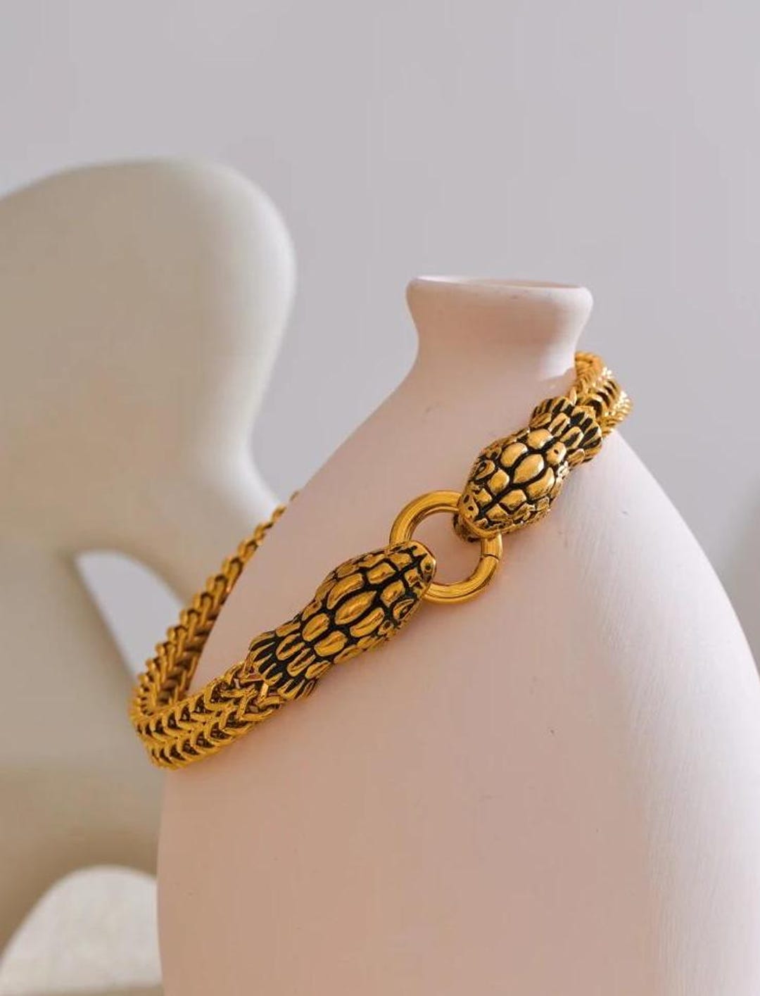 Bold Gold Snake Head Bracelet, Intricately Designed Braided Chain With ...