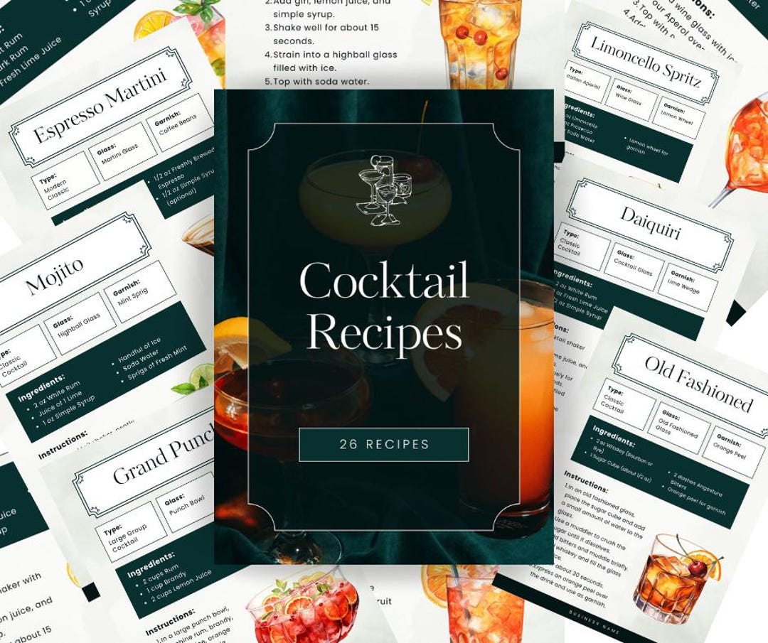 Printable Cocktail Recipe Cards: 26 Classic Drinks, Home Bar Decor (PDF ...