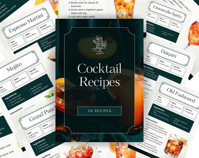 Cocktail Recipe Card Printable, Eight Printable Recipe Cards, Cocktail ...