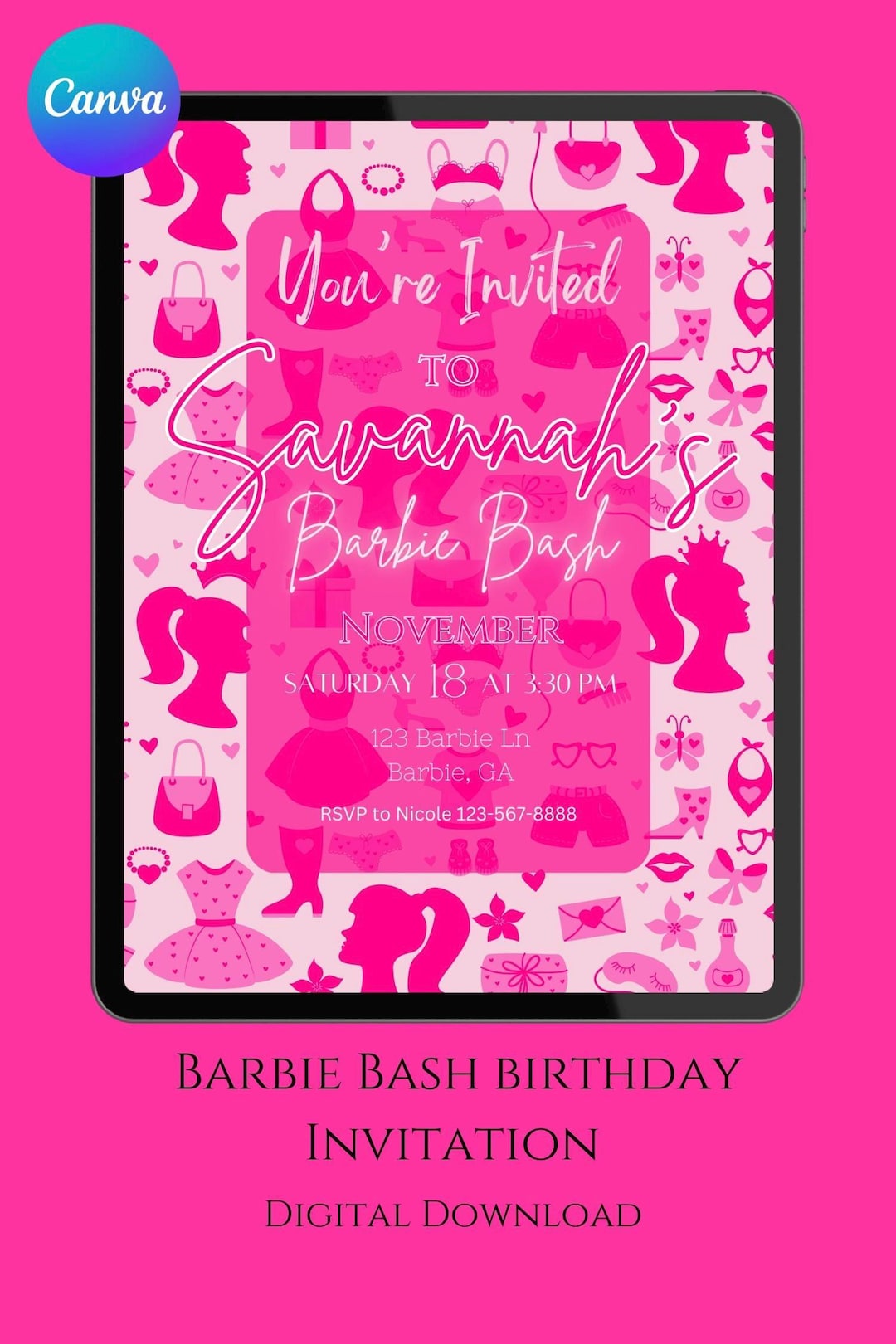 Pink Barbie Birthday Invitation - Glam Party Invite - Fashion Theme ...