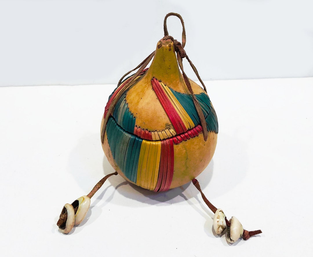 Vintage Gourd Box (purse) With Leather Cords, Woven Pattern and Shells ...