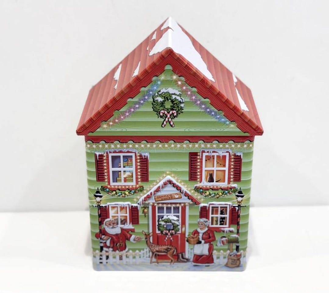 Santa and Mrs. Claus House - Christmas Storage Tin, Peaked Roof Lid ...
