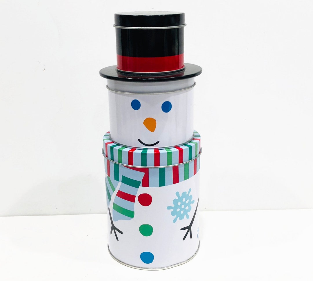 3-tiered Tin Snowman/box, White Snowman With Black Hat, Striped Scarf ...