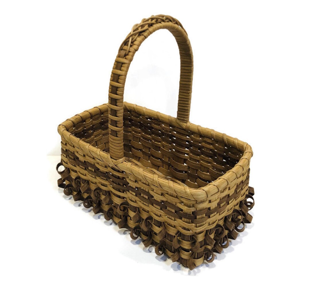 Rectangular Wood Slat Two Tone Basket, Large Loop Handle With Fancy ...