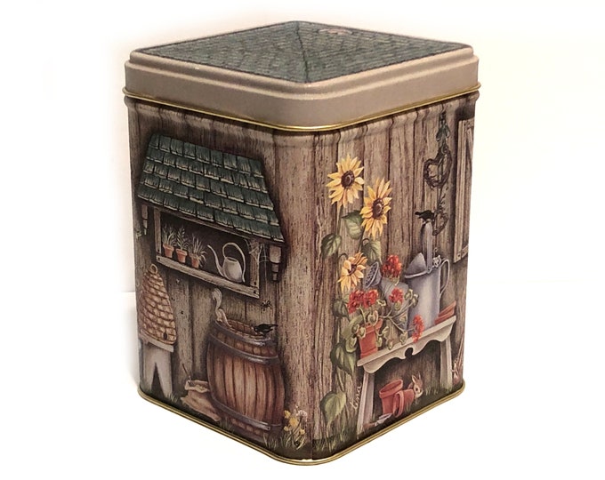 Vintage Charming Country Tin, Garden Theme, Barn, Garden Shed, Lidded ...