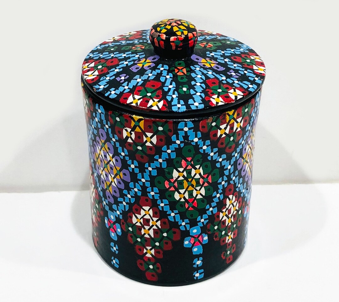 Vintage Colorful Clay Trinket Box, Cylindrical, Lidded, Hand-painted ...