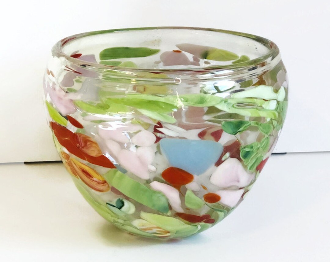 Hand-blown Thick Glass Bowl, Imperfect Shape, Spring Colors, Cheerful ...