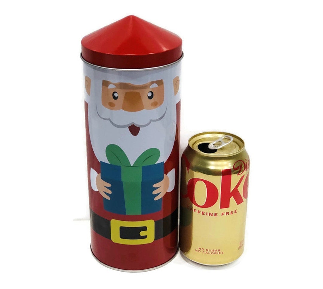 Vintage Round Santa Tin- Cylindrical Tin, Cookie Tin, Santa Holding a ...