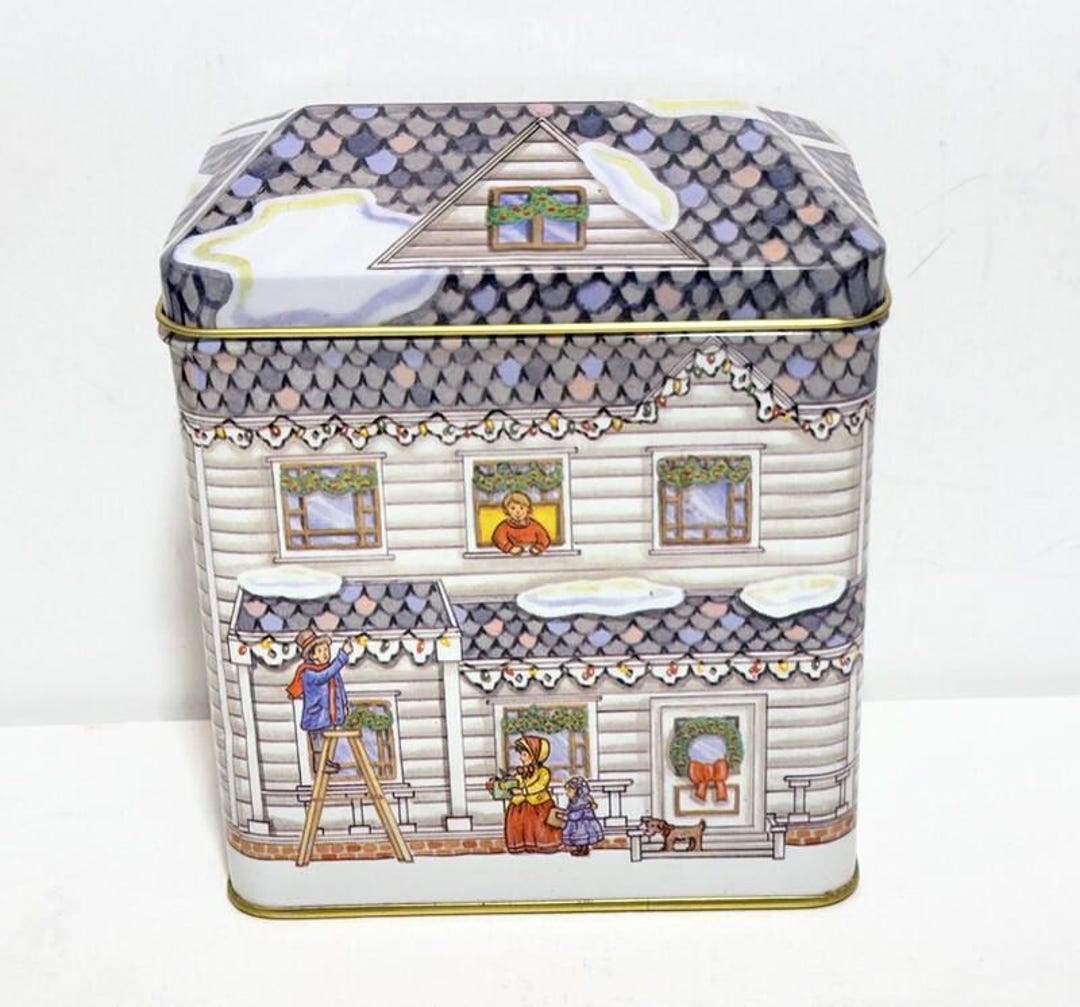 Vintage Christmas Tin, Decorated House Tin- Winter, Snow, Holiday ...