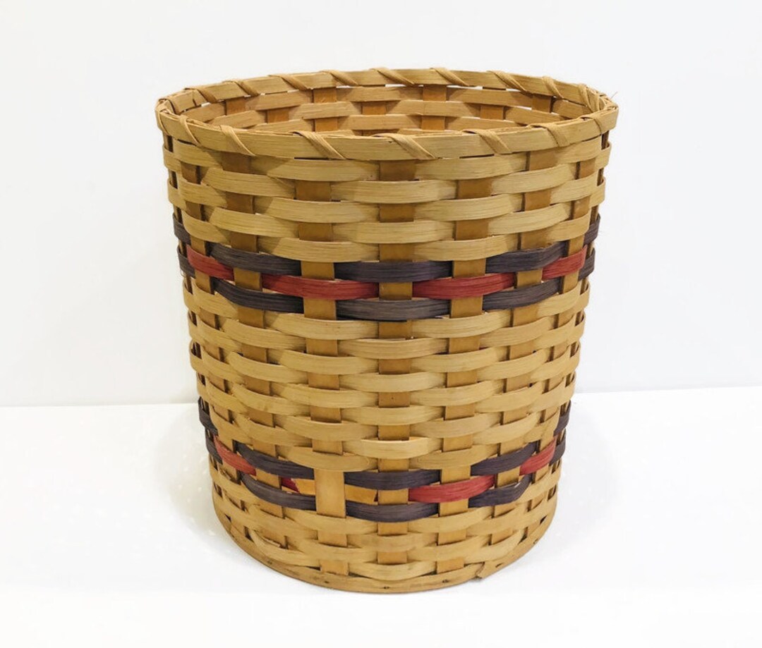 Round Barrel Wood Slat Hand-made Basket, Three-tone Wood Slat Basket ...