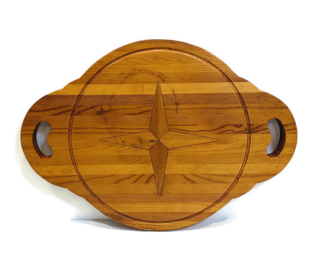 Vintage Large Oval Wood Cutting Board, 4 Pointed Star, Inlaid Design ...
