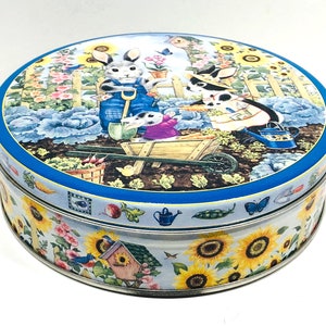 Easter Tin, Round Metal Tin, Sweet Bunny Family in the Garden, Cabbages ...