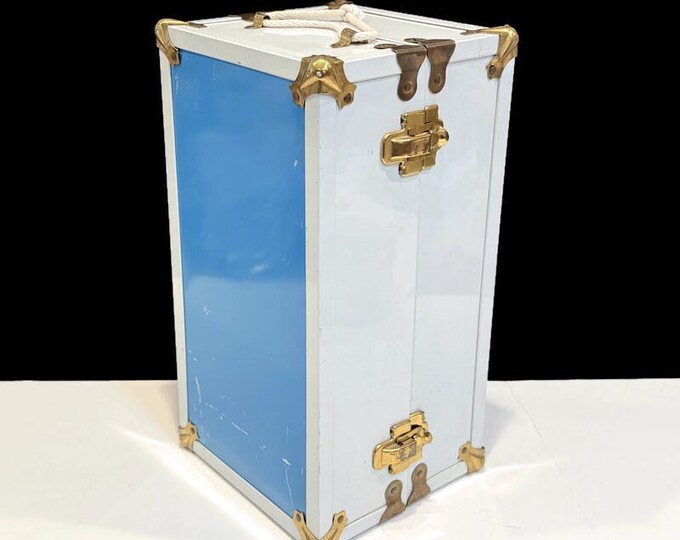 Small Doll Trunk Wardrobe / Doll Case - Blue and White, Brass Corner ...