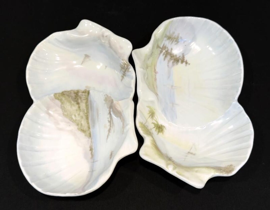 Pair of Antique "t & V" - Shell Shaped Plates, Coastal Landscapes, Hand ...