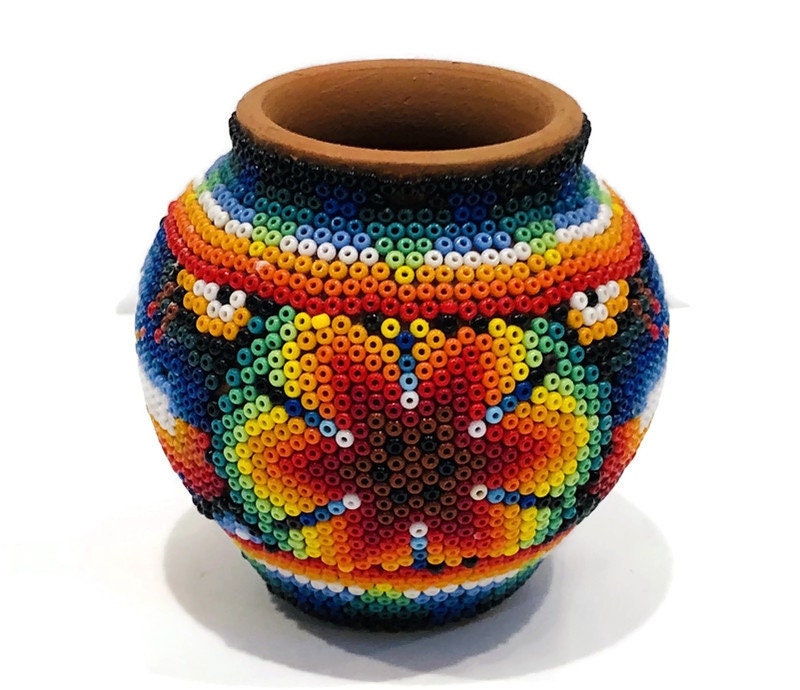 Huichol Mini Clay Pot With Intricate Bead Mosaic, Rainbow Colors ...