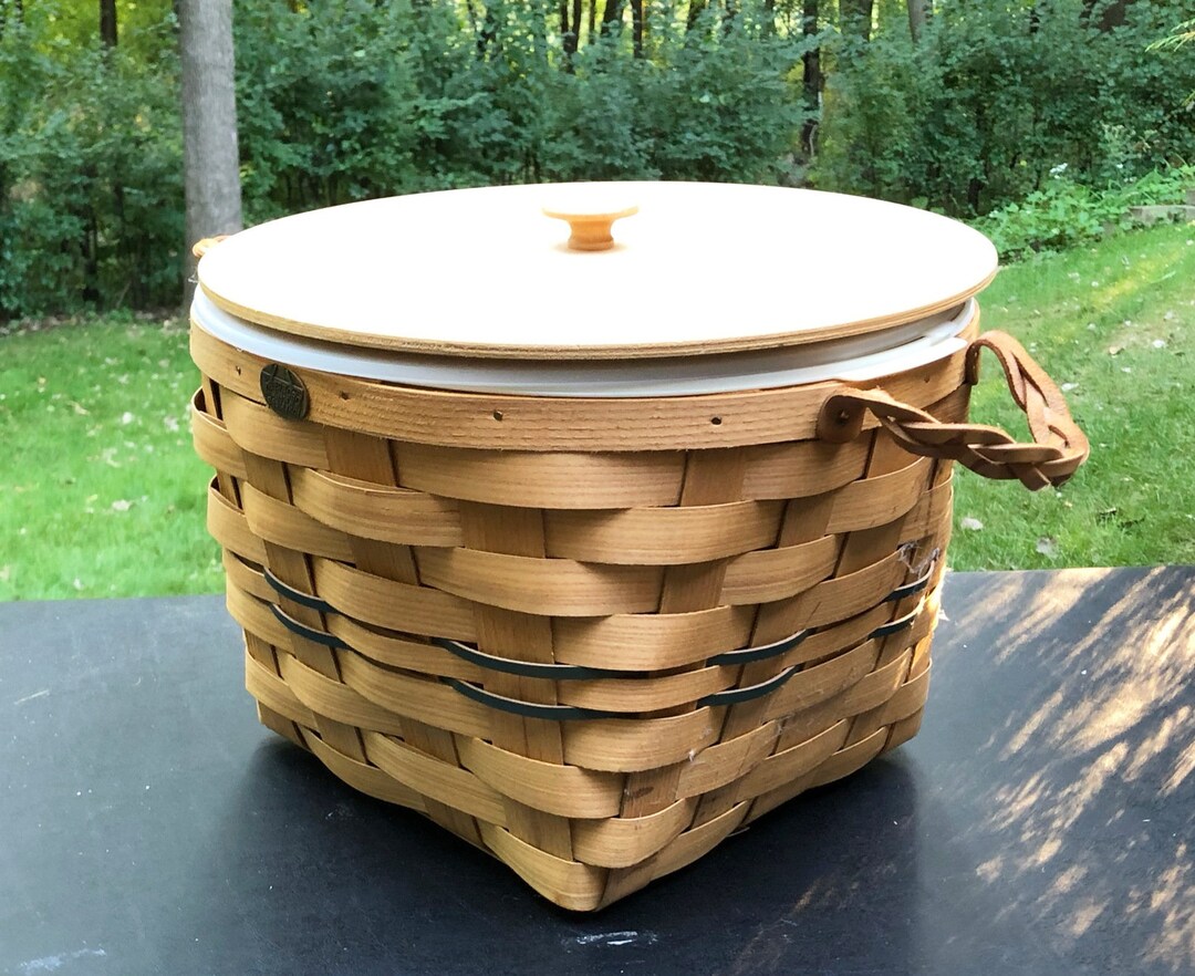 Very Large Vintage Wooden Round Storage Basket - Two Built-in Braided ...