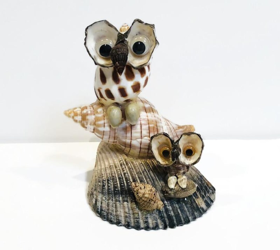 Vintage Shell Art Bird Figurine, Two Owls, Perched on Shells, Adorable ...