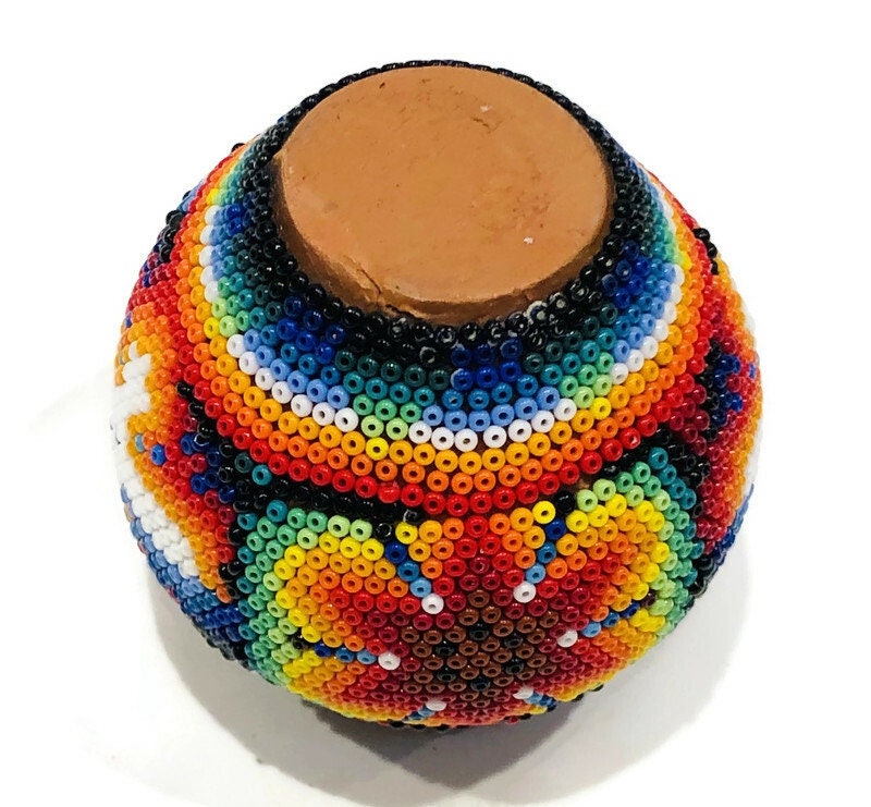 Huichol Mini Clay Pot With Intricate Bead Mosaic, Rainbow Colors ...