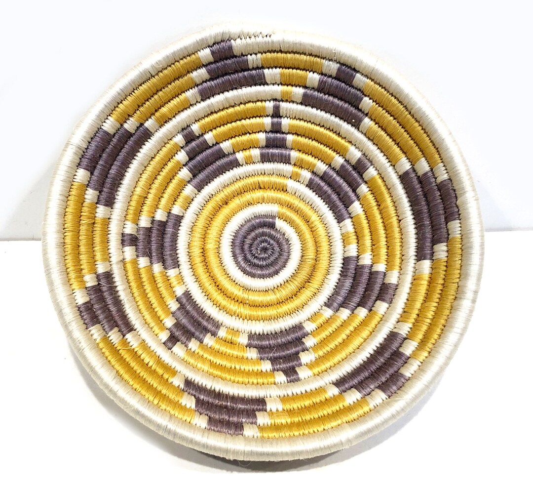Small Round Vintage Woven Coil Basket, Pale Lavender, Yellow and White ...
