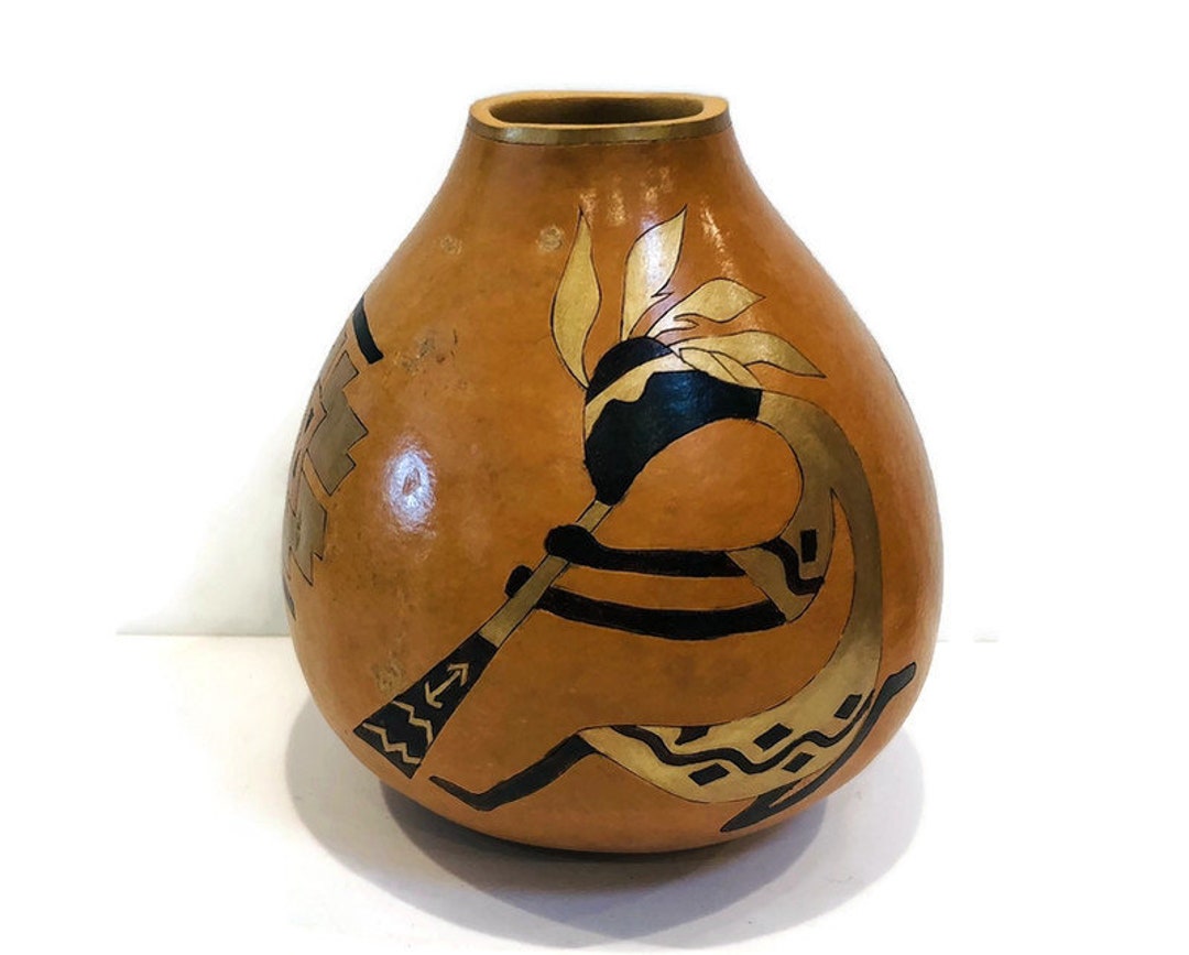 Vintage Large Gourd Vase - Southwest Style, Musician Playing an ...
