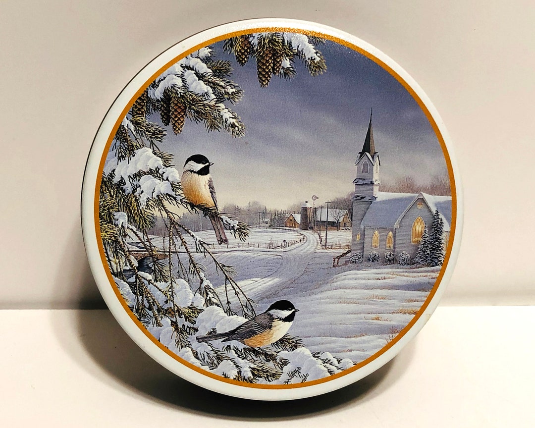 Vintage Round Metal Tin - Two Chickadees, Winter Scene, Cream, Pale ...