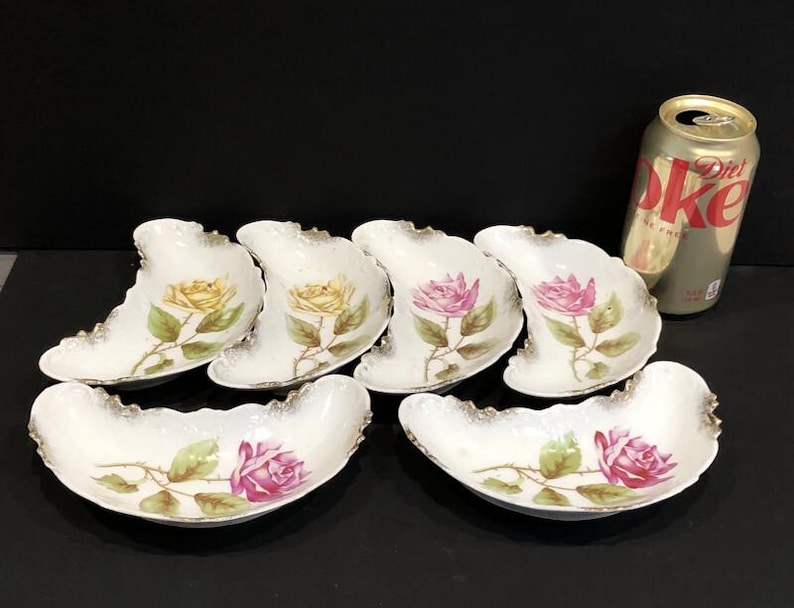 Pair of Antique German Crescent-shaped Bone Dishes, Pink Roses or ...