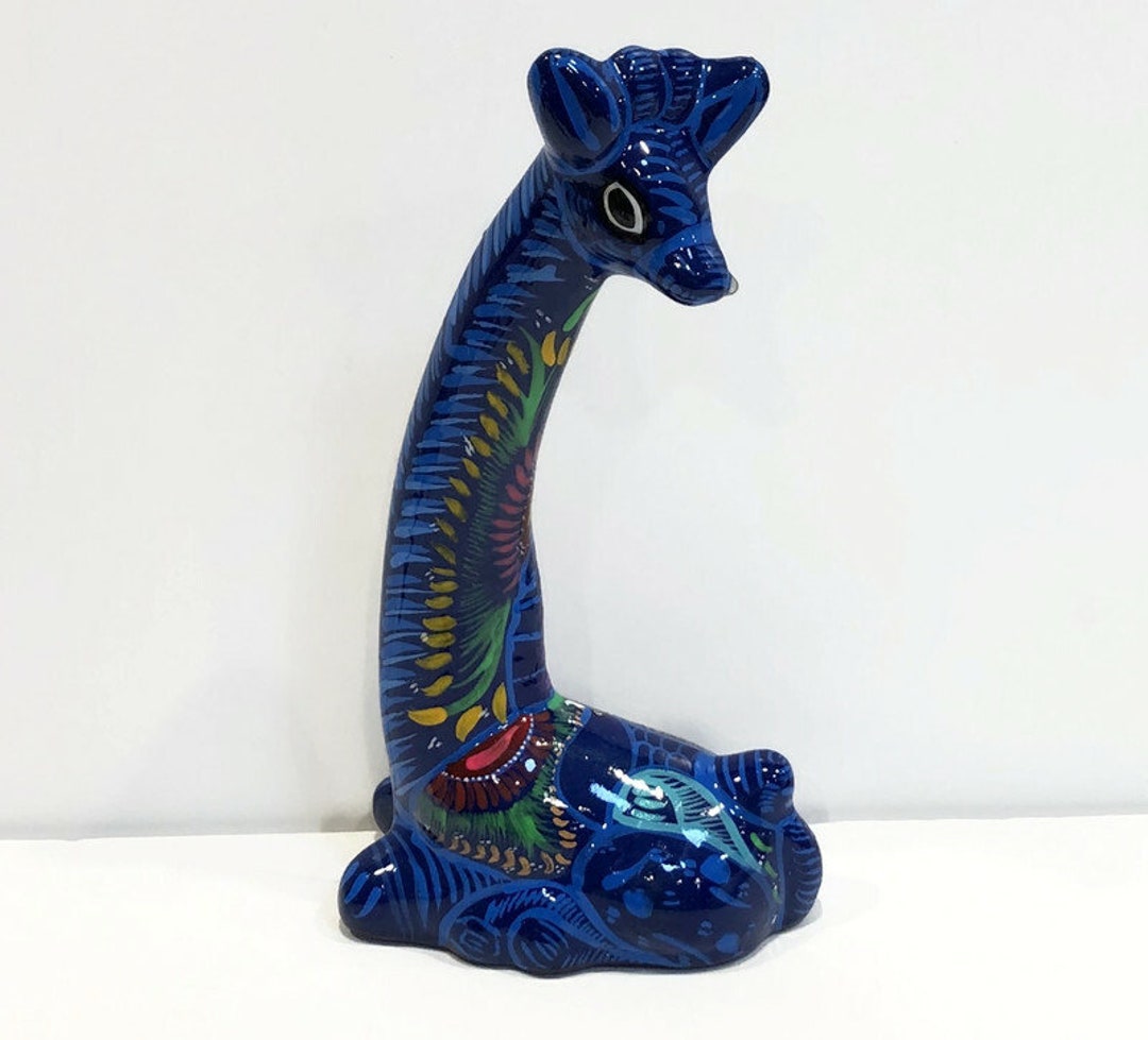 Mexican Hand-crafted, Hand-painted Tall Seated Giraffe, Dark Blue With ...