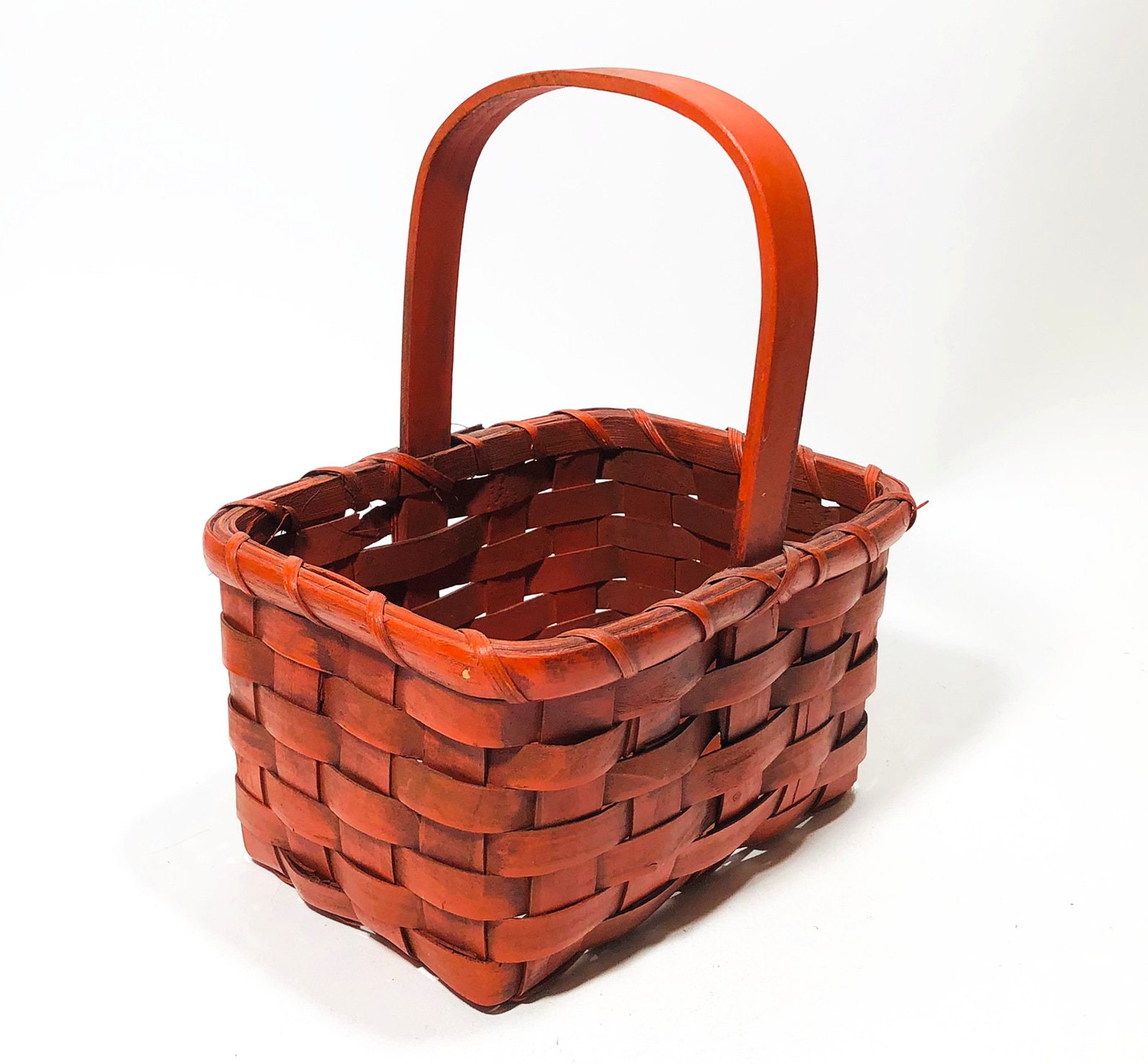 Red Wood Slat Basket Smaller Size Bent Wood Handle Rustic - Etsy