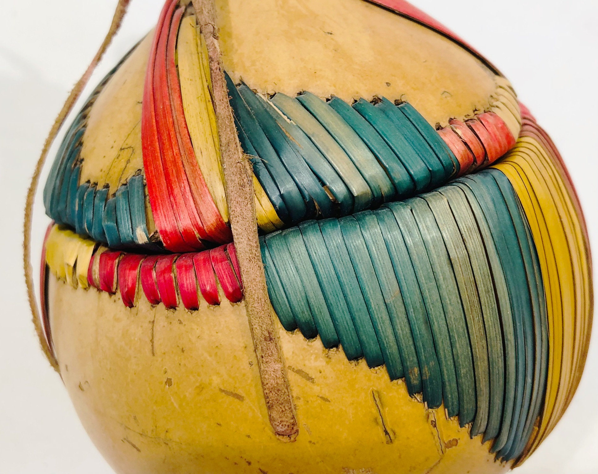 Vintage Gourd Box (purse) With Leather Cords, Woven Pattern and Shells ...