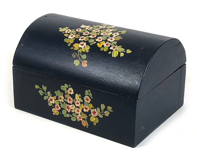 Hand-painted Wood Box, Dark Navy Blue, Domed Lid, Hand Painted Flowers ...