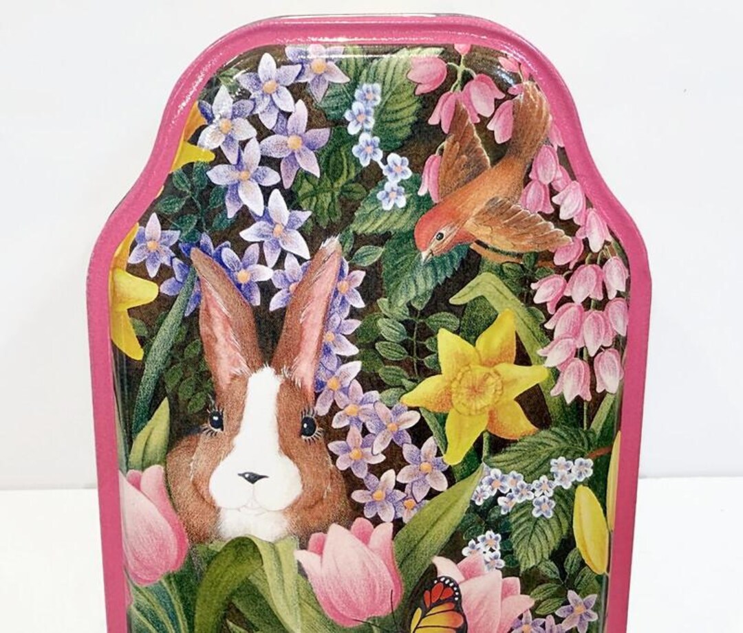 Colorful Easter Bunny and Spring Flowers Decorative Tin, Lidded, Tulips ...