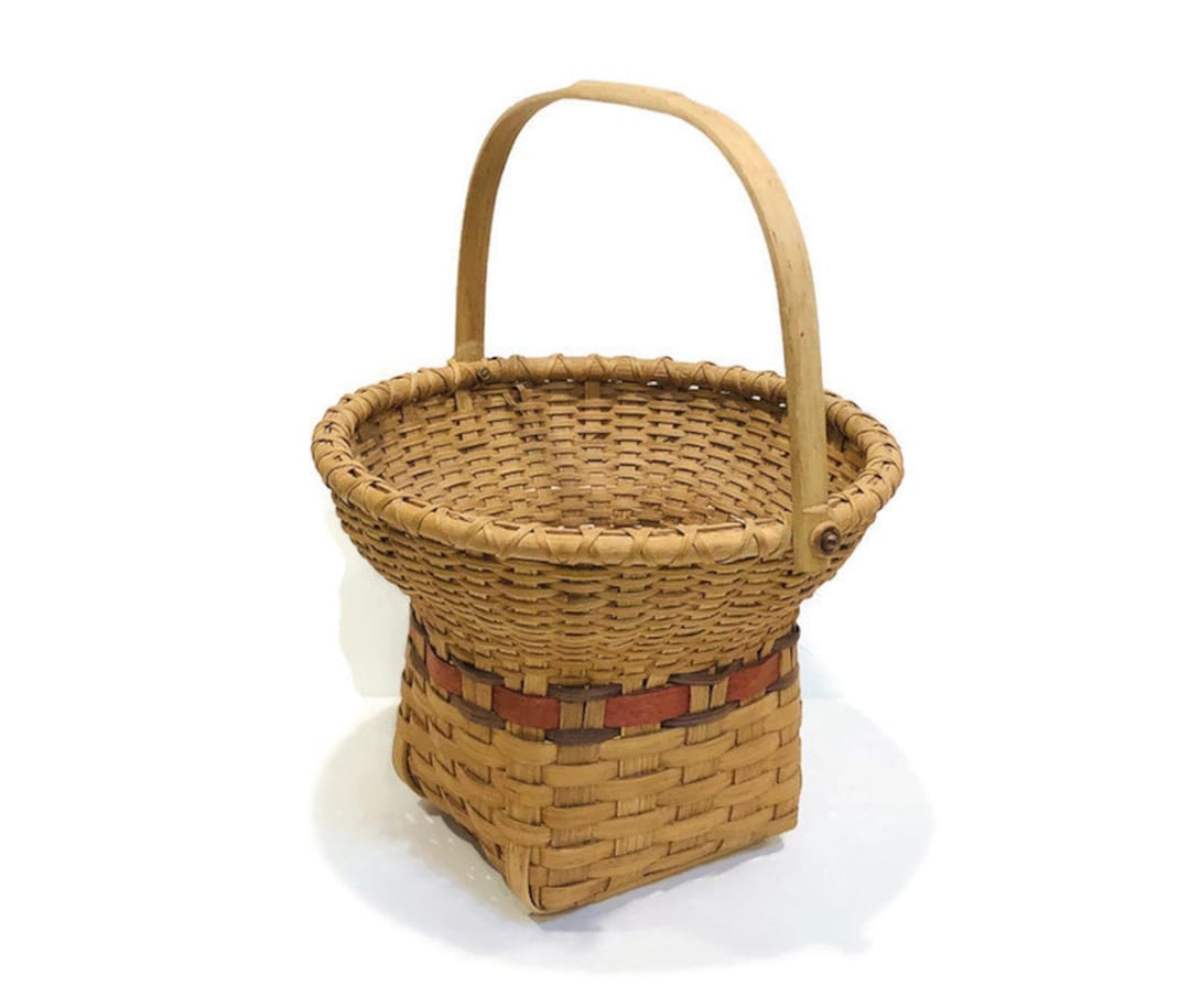 Large Flared Rim Wood Slat Basket, Bent Wood Handle, Colored Border ...