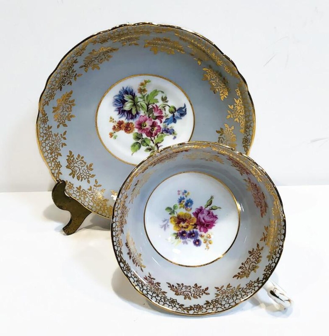 Vintage Paragon Footed Teacup and Saucer - Soft Dove Gray, Colorful ...