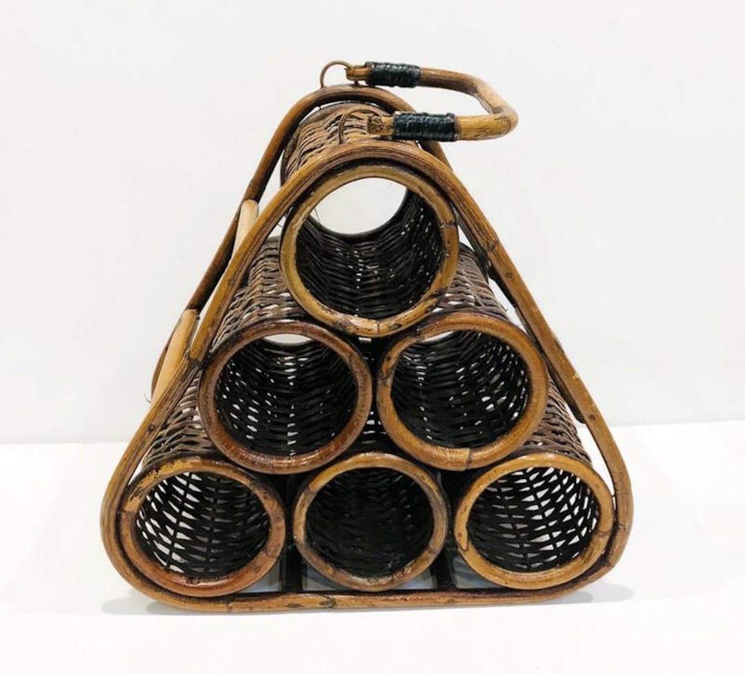Vintage Sturdy Wicker and Rattan Wine Bottle Rack, Pyramid Shape, With ...