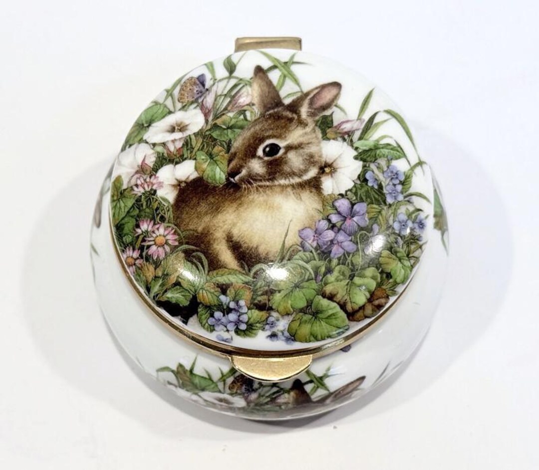 Sweet Bunny Porcelain Box, With Shiny Gold Rims, Baby Bunny Surrounded ...