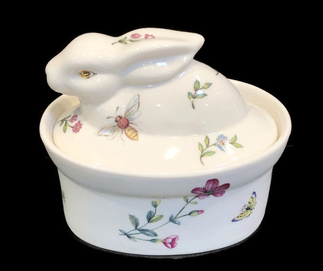 Adorable Small Lidded Bunny Dish With Pretty Flowers, Bees and Leaves ...