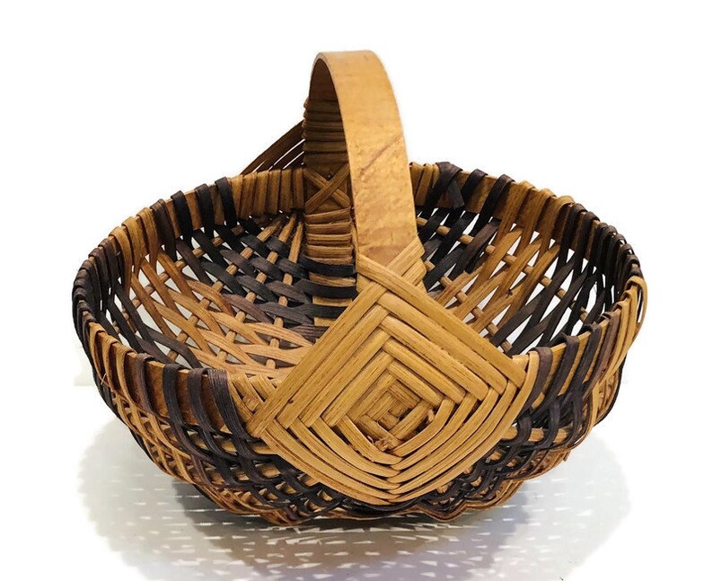 Handmade Small Woven Wood Basket, Bent Wood Loop Handle, Sections of ...