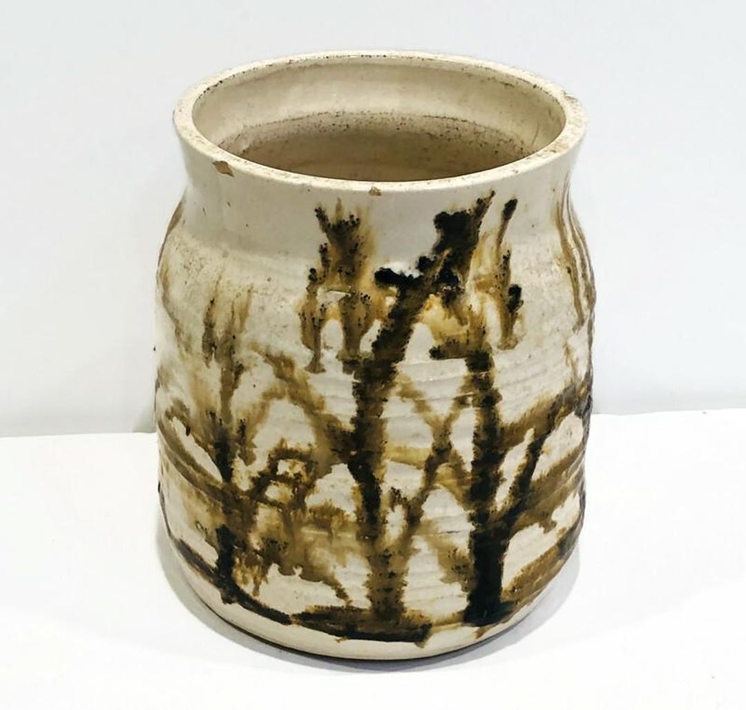 Rustic Pottery Vase, Beige Glaze With Brown Abstract Designs, Hand-made ...