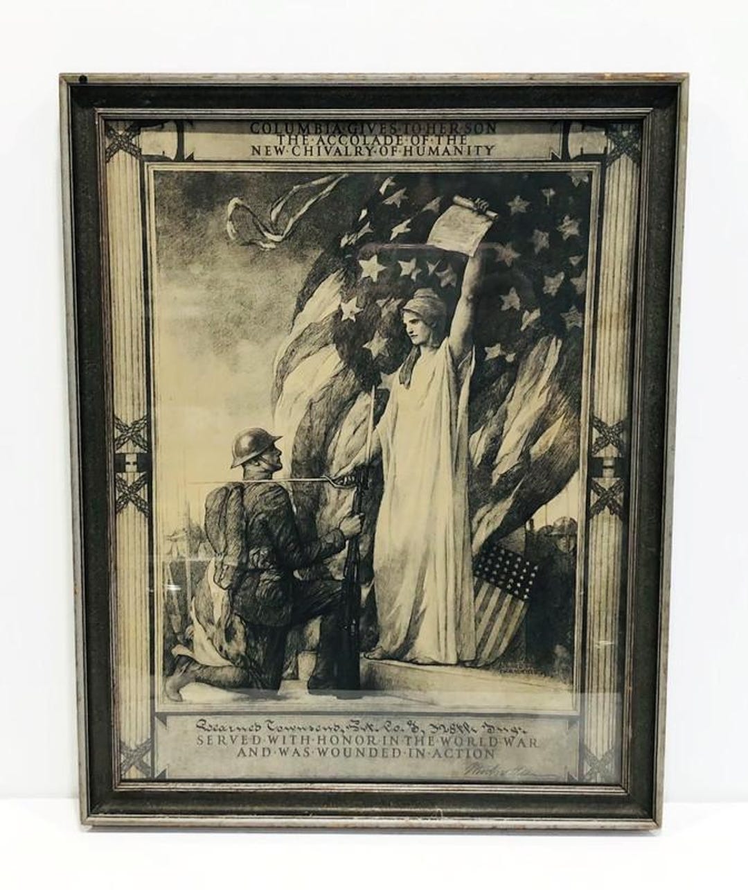 WWI Commemorative Framed Document, Honoring Injured Soldiers, "columbia ...