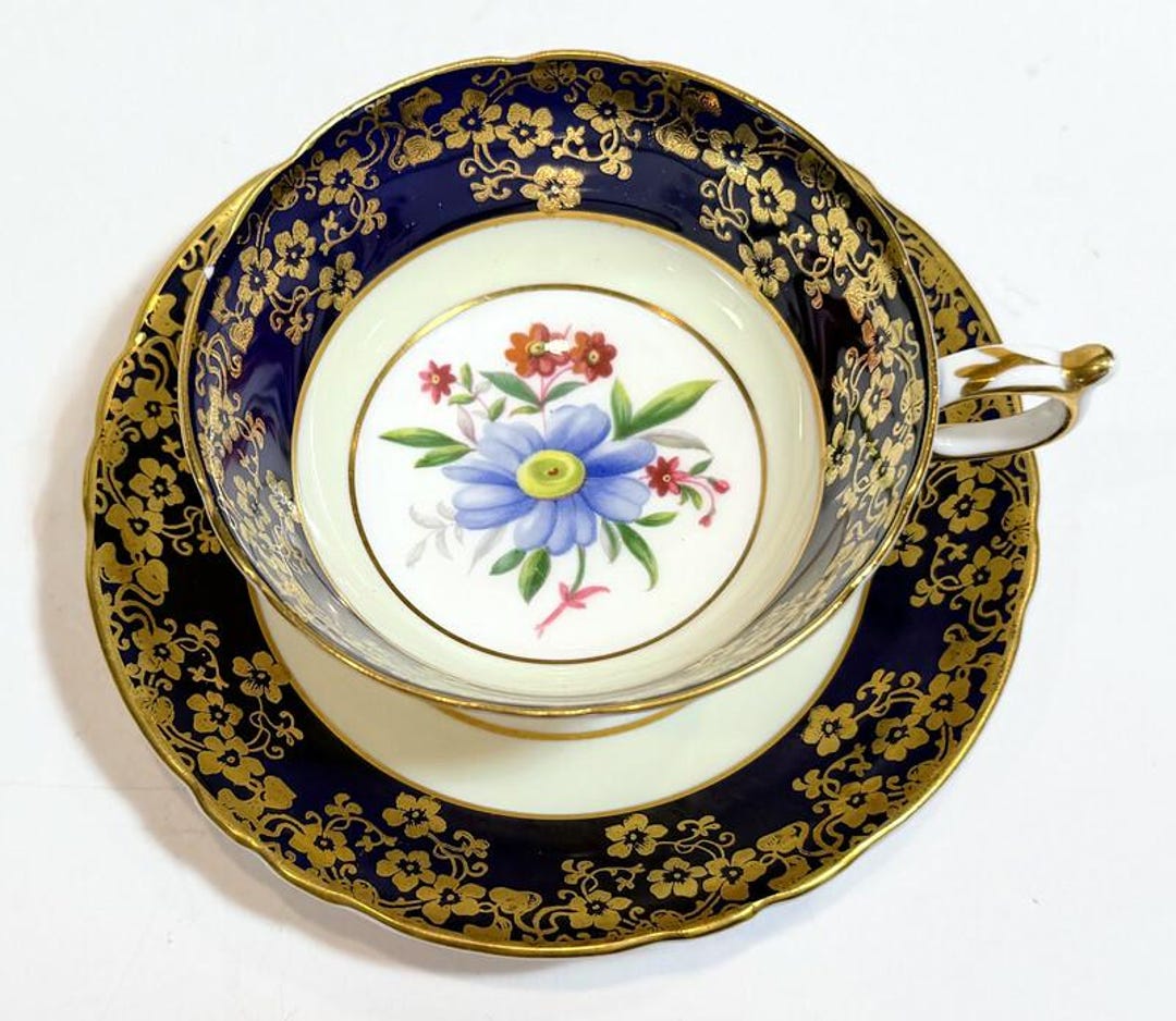 Paragon Footed Teacup and Saucer - Cobalt Blue, Colorful Floral Center ...