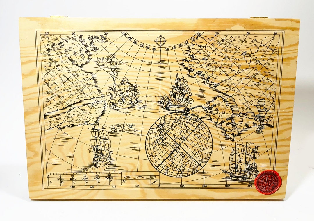 Vintage Large Wood Box, Thin Profile, Antique Map Image on Lid, Brass ...