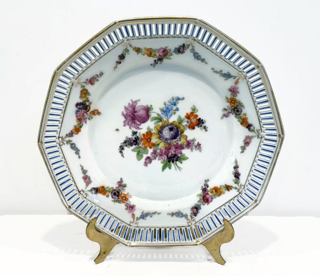 Vintage Schumann Plate - 10 Sided, Pierced Rim, Fancy Blue and Gold ...