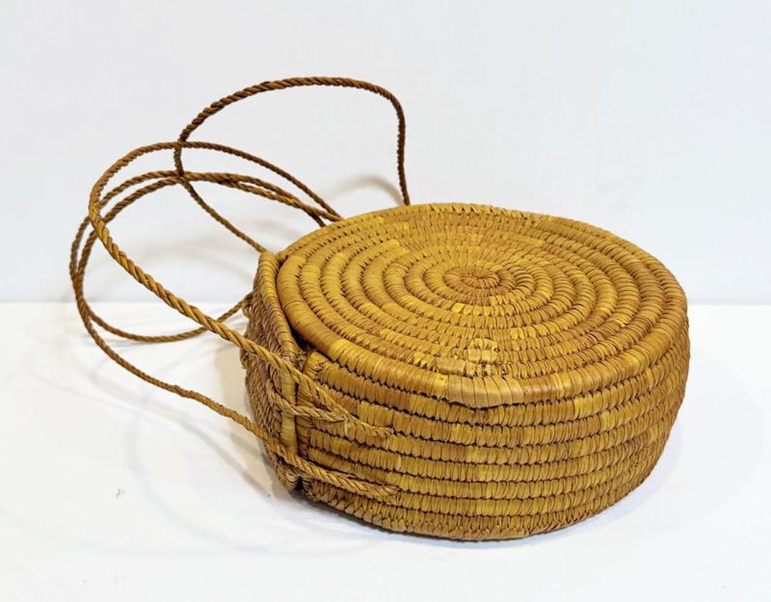 Finely Woven, Round Coil Woven Purse, Long Rope Straps, Saffron Yellow ...