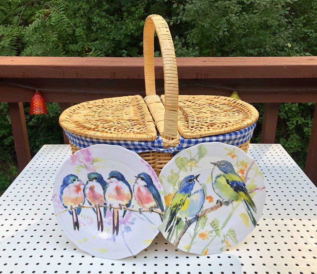 Vintage Oval Wicker Picnic Basket, With Hinged, Flat-top Lids, Blue and ...