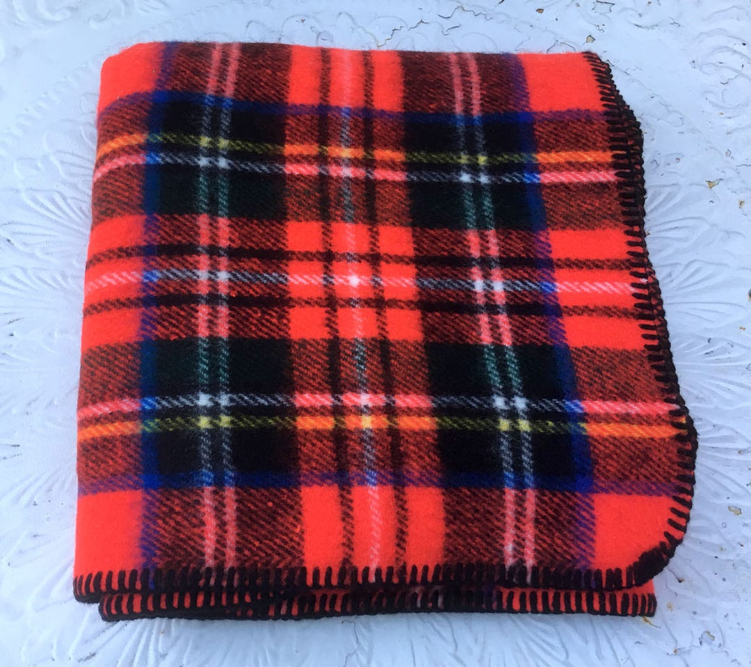 Vintage Red Plaid Blanket, Red, Black, Blue and White, Blanket Stitched ...