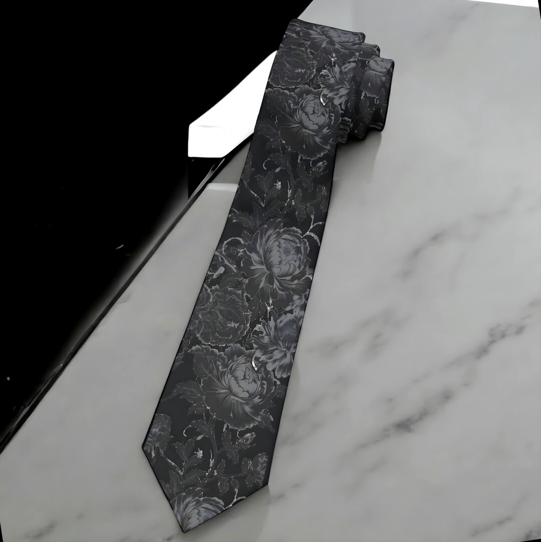 Black on Back Floral Tie - Charcoal Floral Necktie | Black Rose Pattern ...