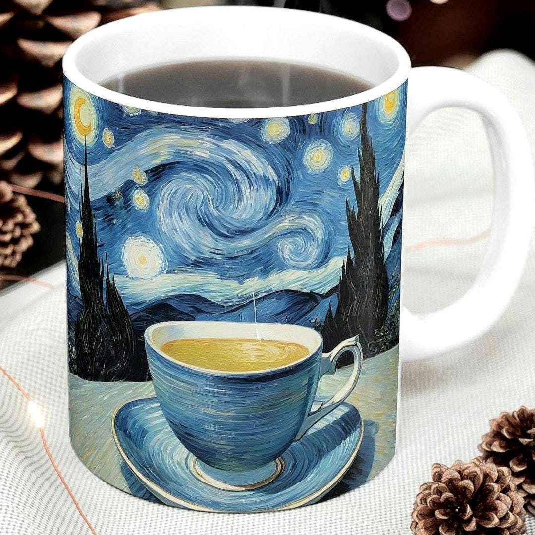 Luxury Starry Night Watercolor Moon, Tree Coffee, Tea Morning ...