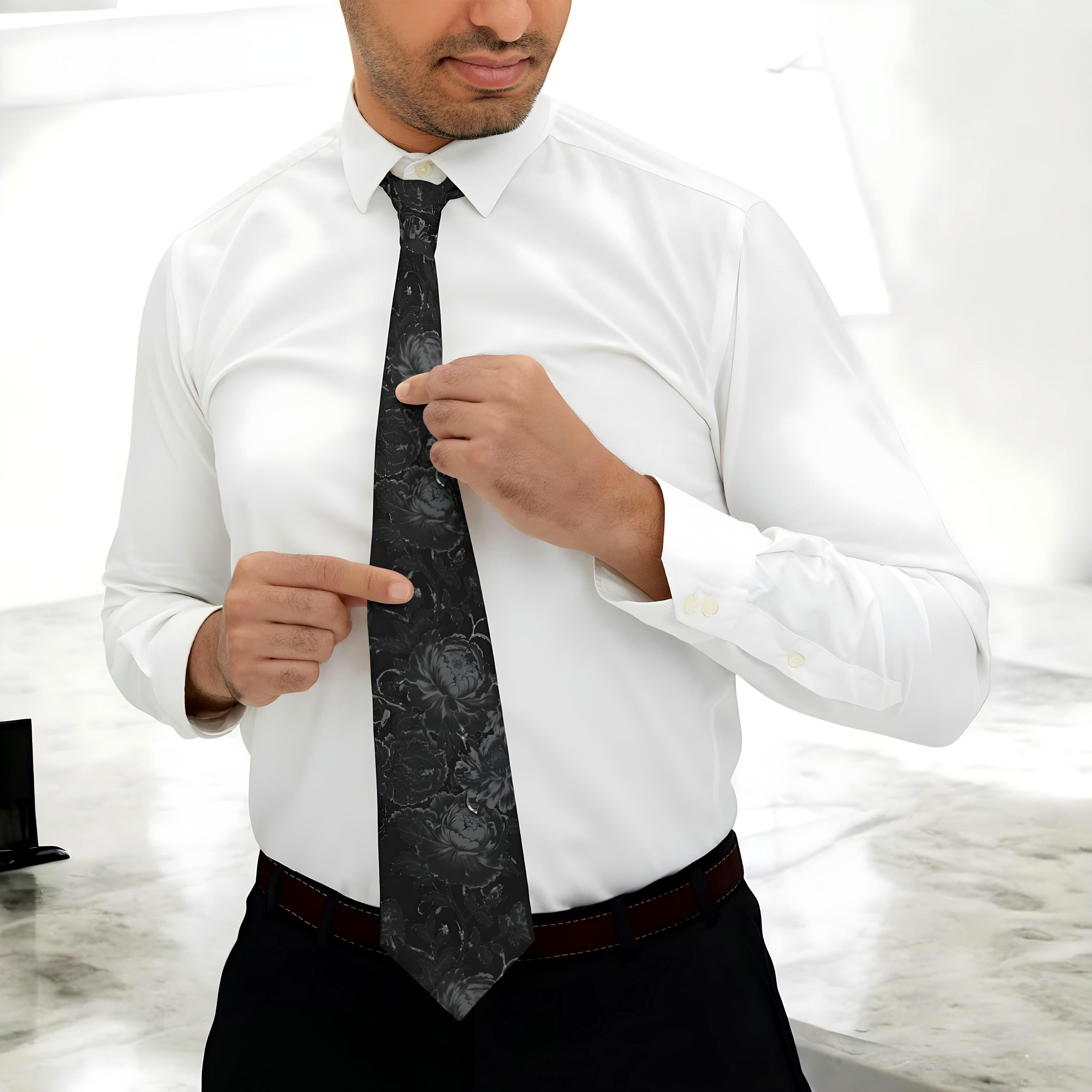 Black on Back Floral Tie - Charcoal Floral Necktie | Black Rose Pattern ...