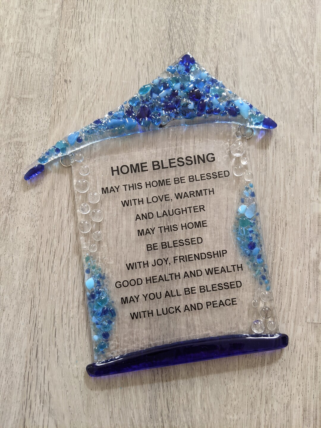 Blue Shards Home Blessing House Shape Glass Fused Wall Hanging, Good ...