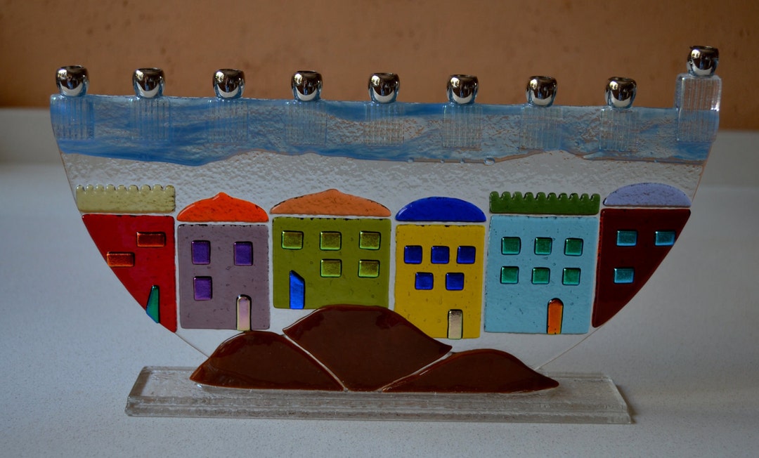 Jerusalem City Israel Glass Fused Menorah, Jewish Wedding Gift ...